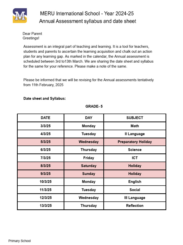 Annual Assessment - Gr5 Syllabus and Date Sheet | PDF | Multiplication ...