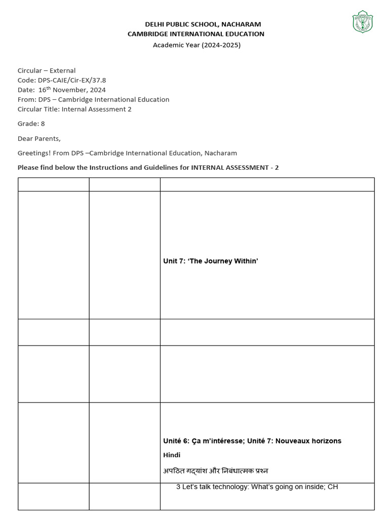 Grade 8 Internal Assessment Guidelines | PDF