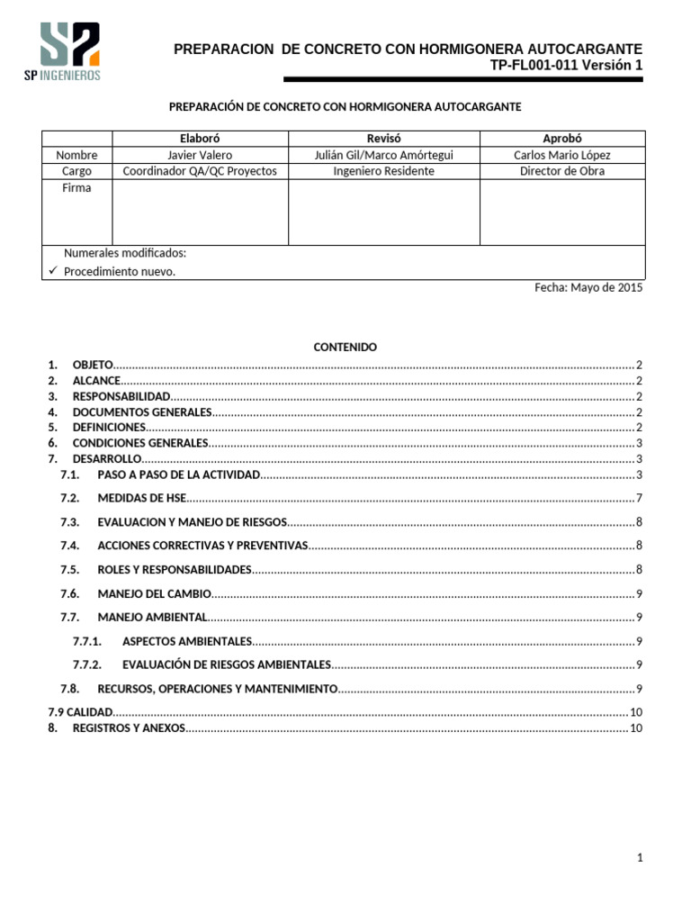 TP-GL001-011 V1 Preparación de Concreto Con Autohormigonera ...