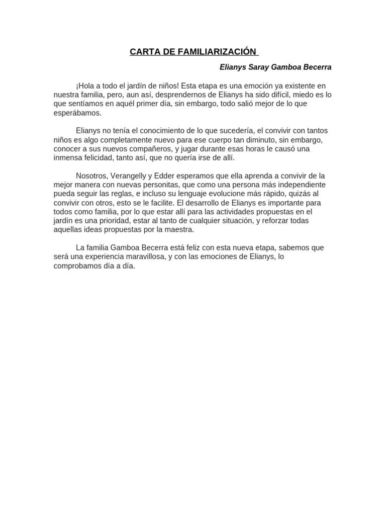 Carta de Familiarización de Elianys | PDF