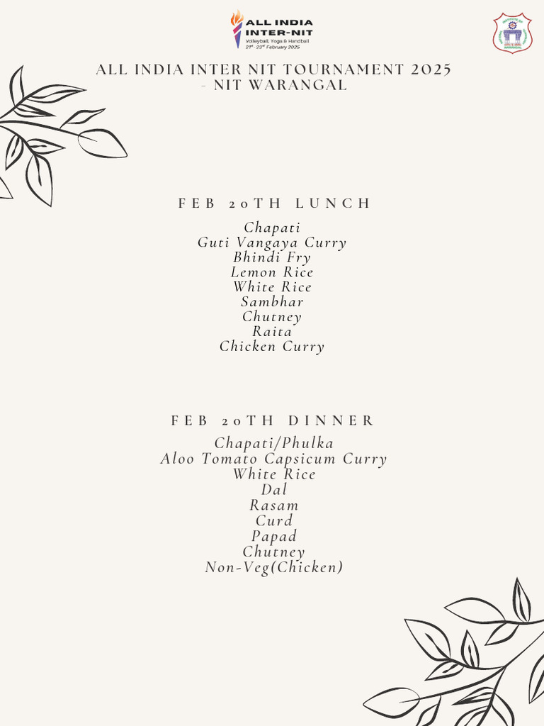 NIT Warangal Mess Menu 2025 | PDF | Chutney | Lunch
