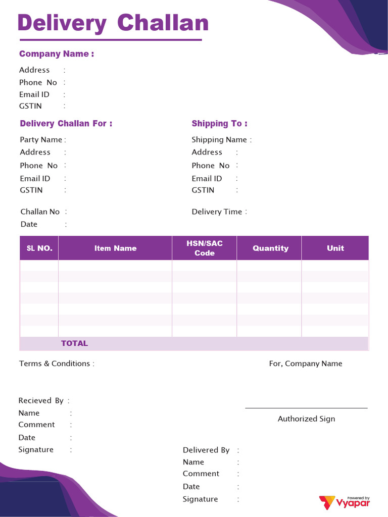 Delivery Challan Template and Format | PDF