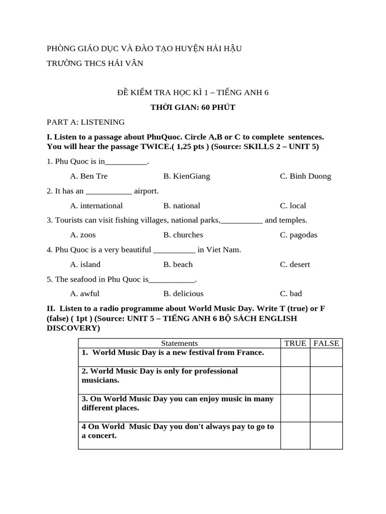 ĐỀ KIỂM TRA CUỐI KÌ 1 - ANH 6 | PDF | Vietnam