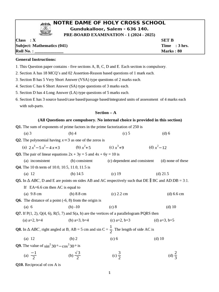 STD 10 - NDHCS Pre-Board 1 - Maths SET B | PDF | Quadratic Equation | Mathematics