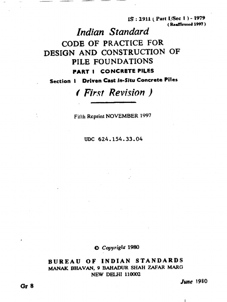 IS 2911-PART-1-Sec1-1979 Driven Cast in Situ Pile Foundation | PDF