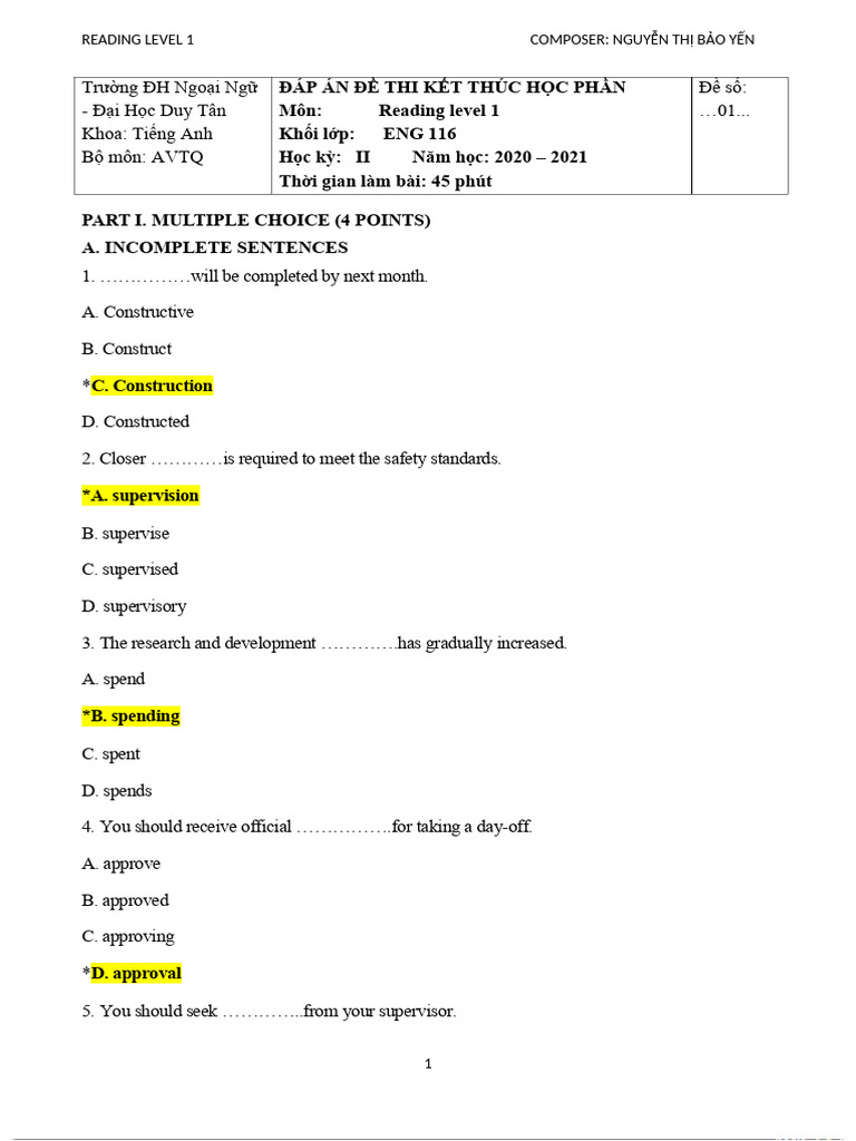 Reading Level 1 Exam Answers | PDF | Hamburgers | Hot Dog