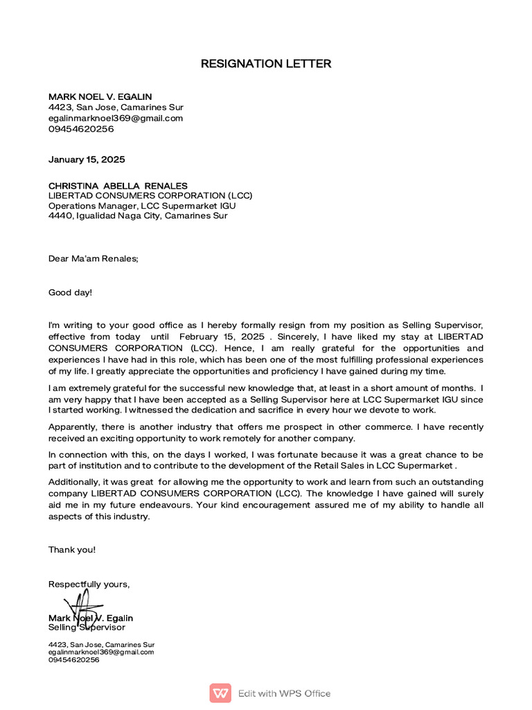 Resignation Letter from Mark Noel Egalin | PDF
