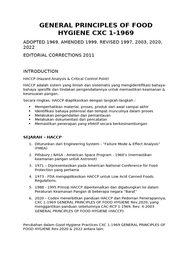 CODEX 2022 Food Hygiene Chapter One GHP | PDF