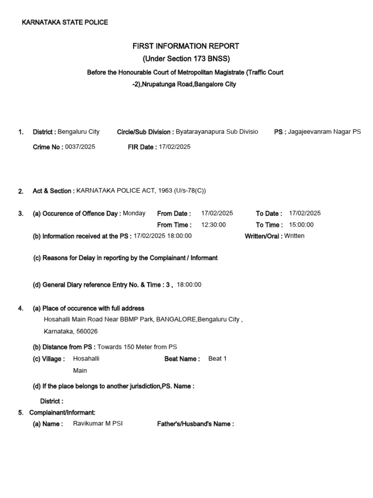 First Information Report (Under Section 173 BNSS) | PDF