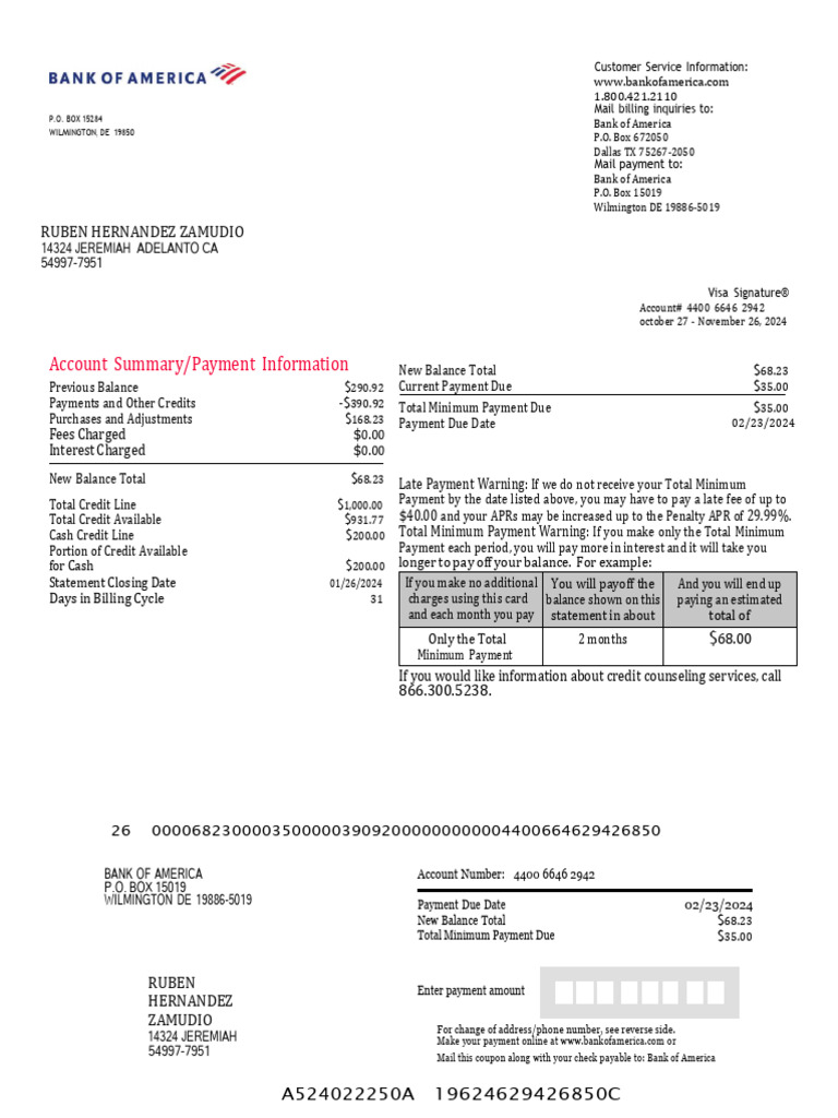 Bank of America Bank Statement | PDF | Credit Card | Annual Percentage Rate