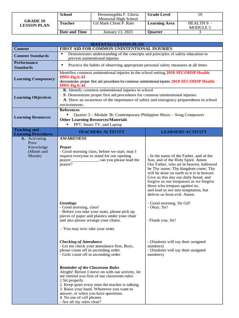 First Aid For Common Unintentional Injuries LP - Grade 9 Health | PDF ...