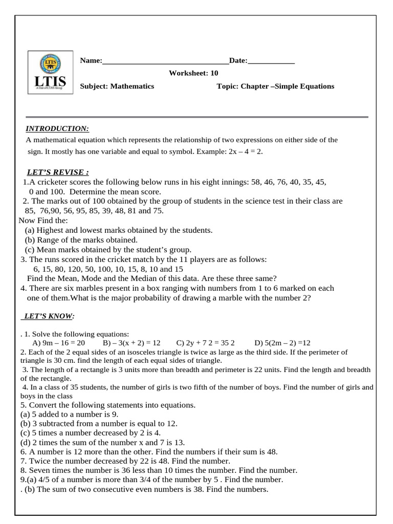 Class 7 Simple Equations Worksheet | PDF | Length | Numbers