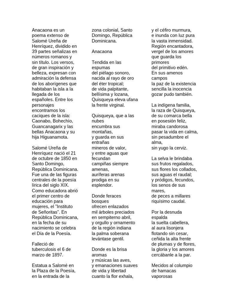 Anacaona Es Un Poema Extenso de Salomé Ureña de Henríquez | PDF