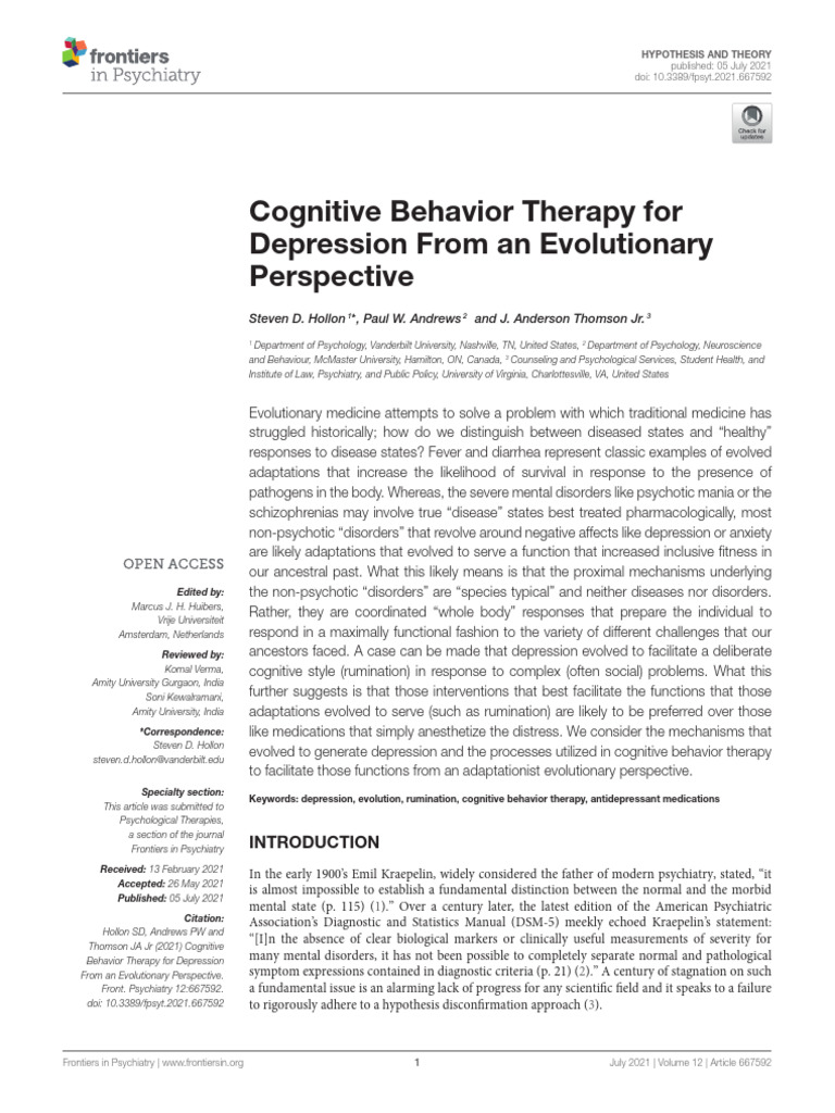 Cognitive Behavior Therapy For Depression From An Evolutionary ...