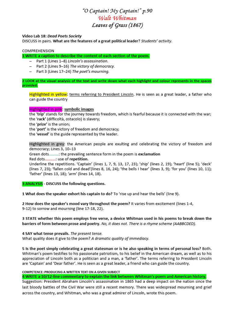 Whitman - Notes - 'O Captain! My Captain!' | PDF | Poetry | Walt Whitman