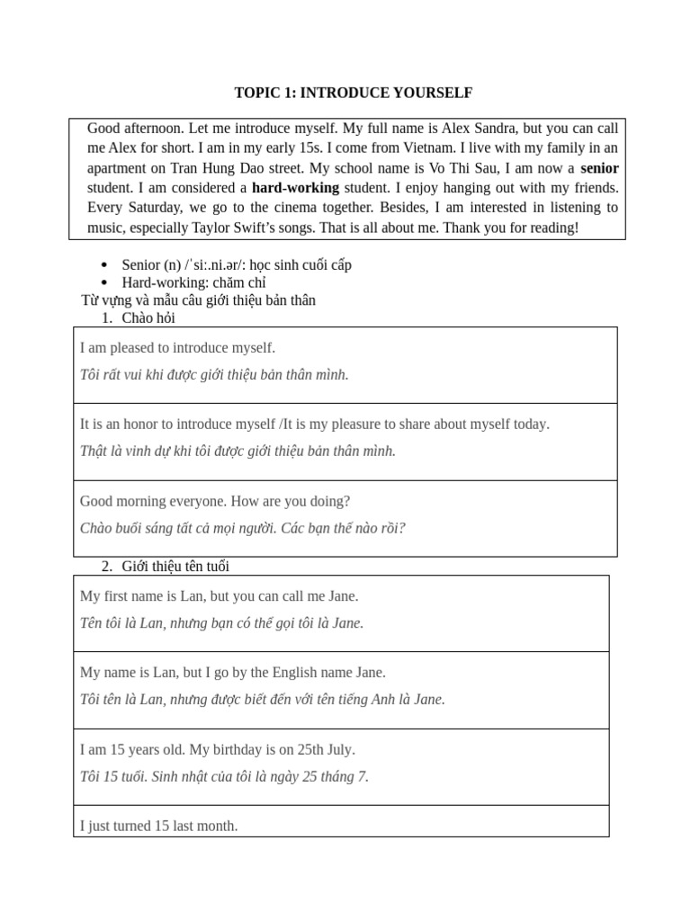 TOPIC 1 - Introduce Yourself - Level A2 (Speaking) | PDF