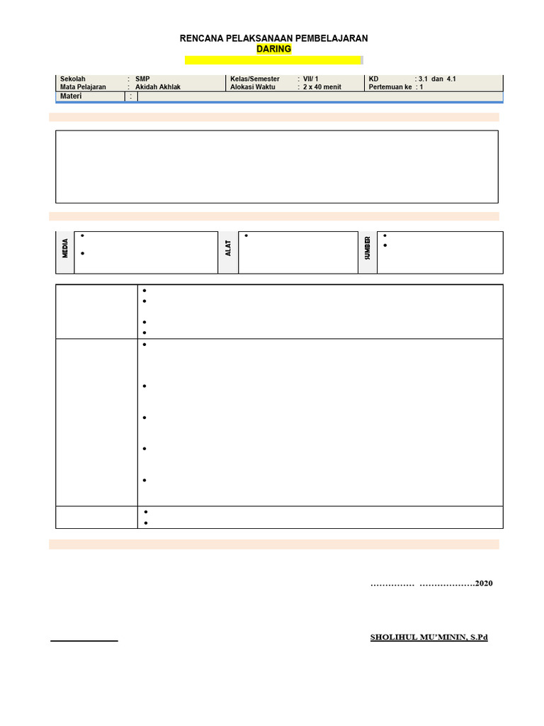 RPP Daring Akidah Akhlak Kelas 7 Full 1 Tahun | PDF