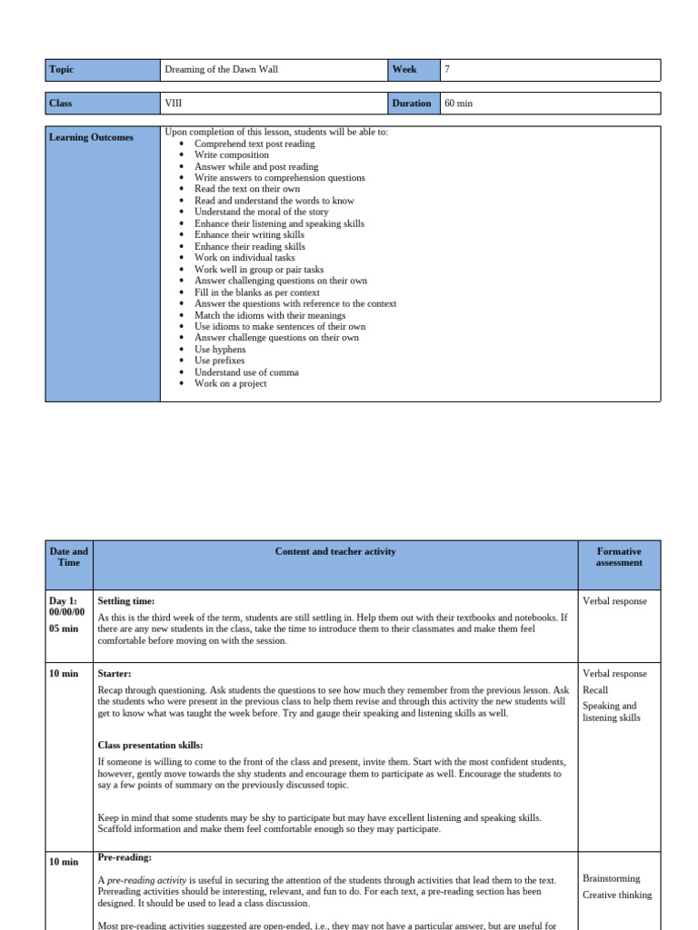 NOME_book_8_Sample_lesson_plan_Unit_5 | PDF | Reading Comprehension | Rock Climbing