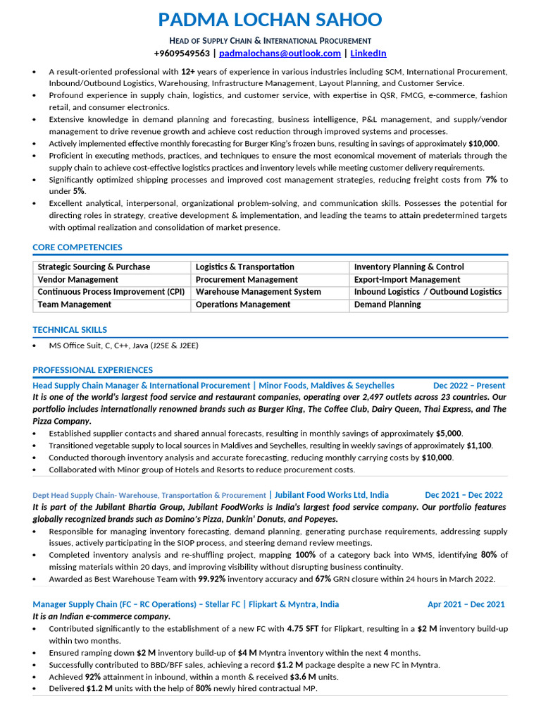 Padma Lochan Saho Resume Globalogy Final | PDF | Logistics | Supply Chain Management