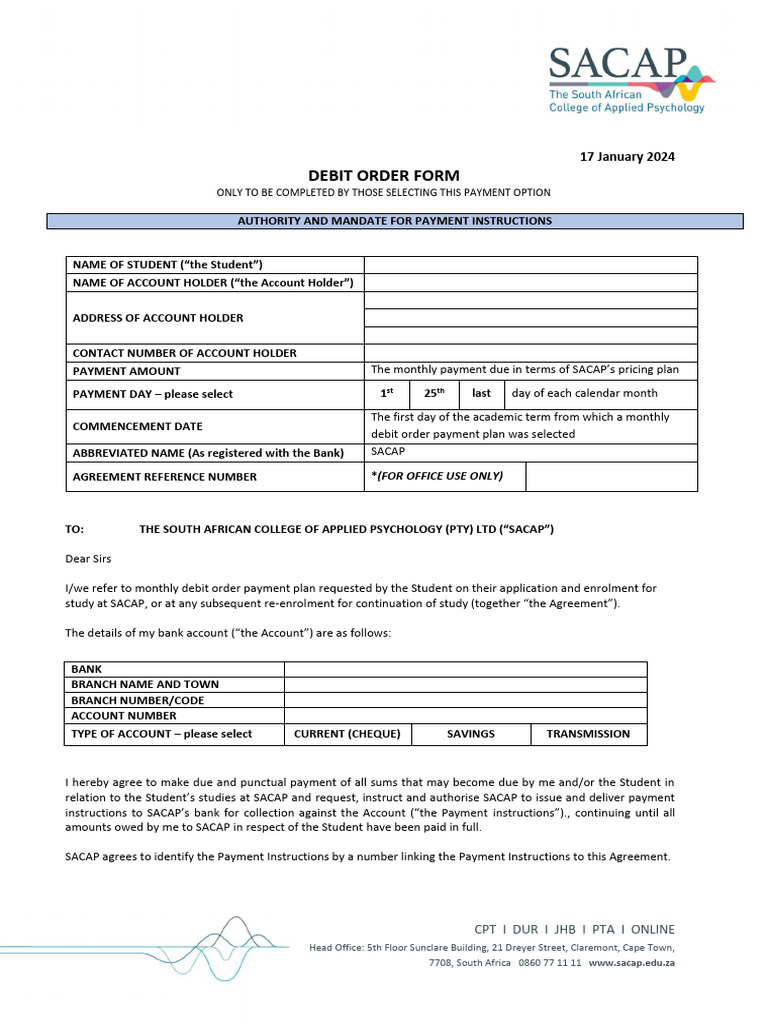 SACAP-DEBIT-ORDER-January-2024 (4) | PDF | Payments | Banks