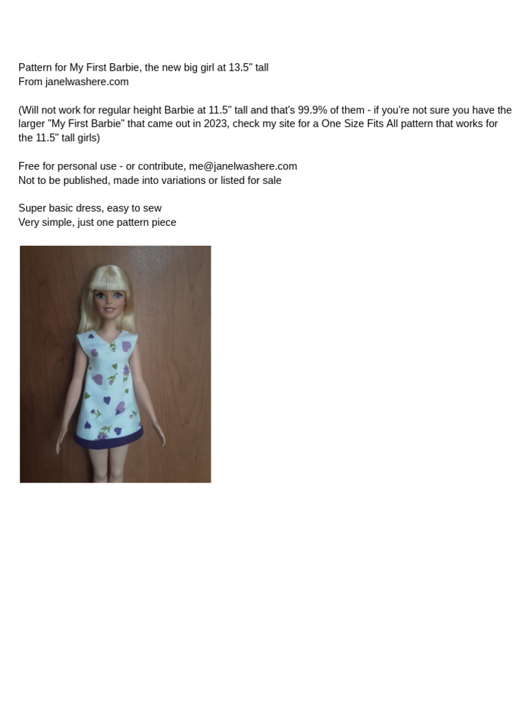 Sewing Pattern for My First Barbie | PDF