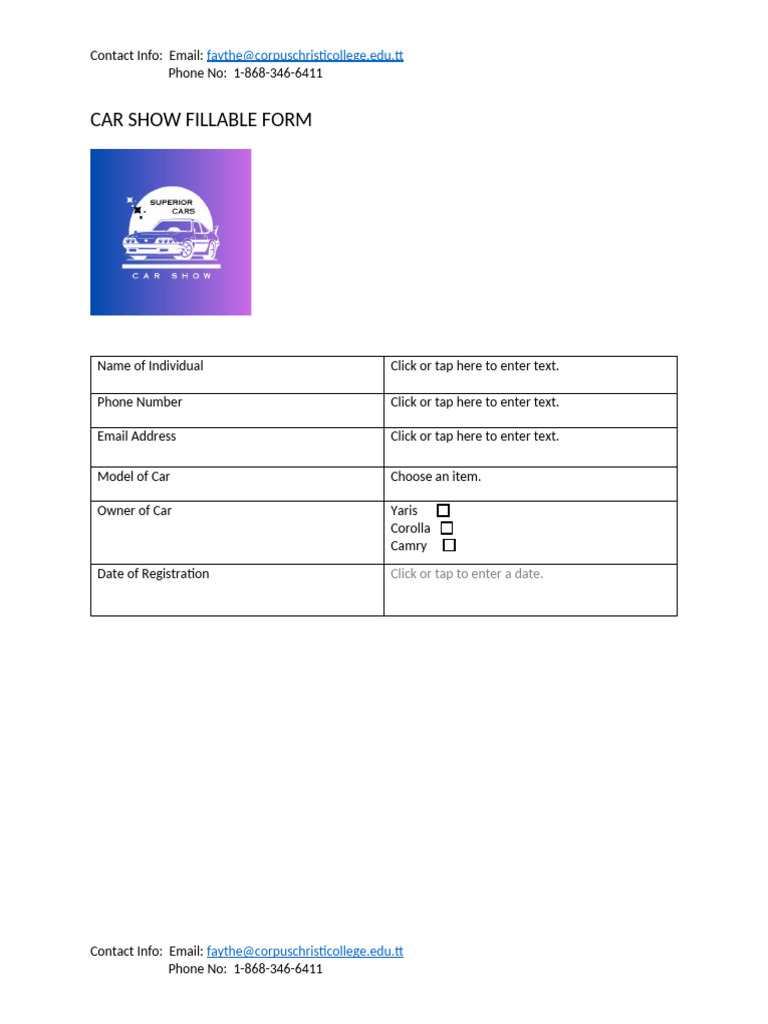 Car Show Fillable Form 1 | PDF