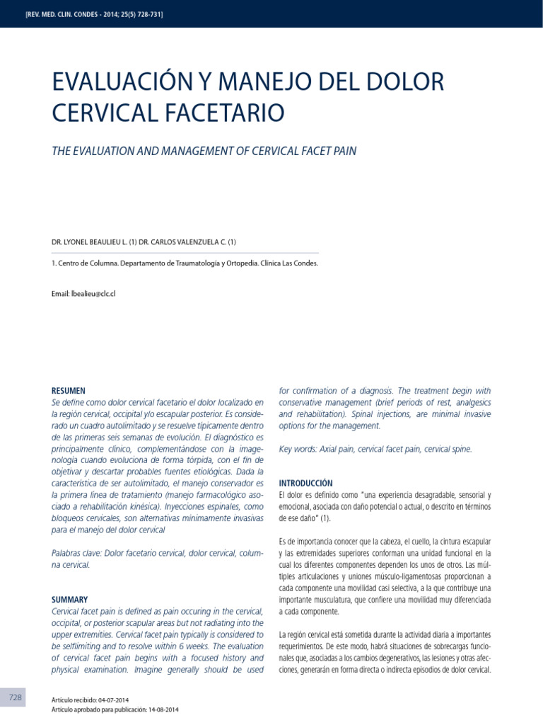 Evaluaci N y Manejo Del Dolor Cervical Fac 2014 Revista M Dica CL Nica Las C | PDF | Dolor ...