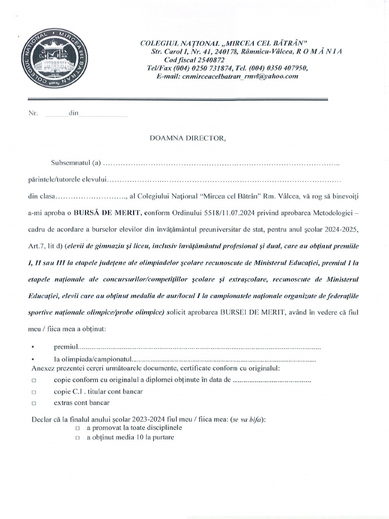 Cerere Bursa de Merit Concursuri | PDF