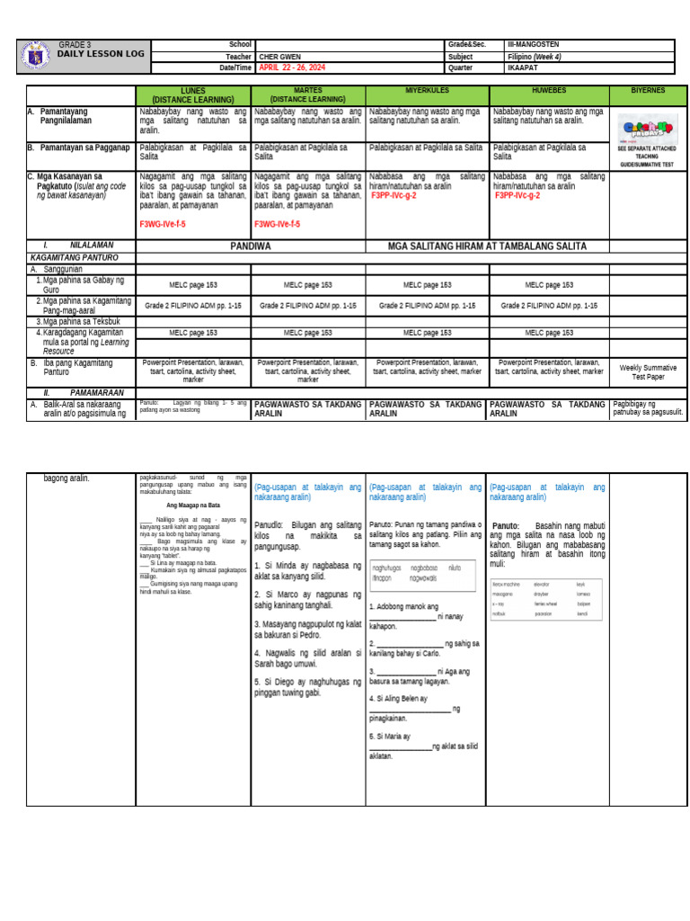Q4 DLL Filipino3 Week-4 | PDF