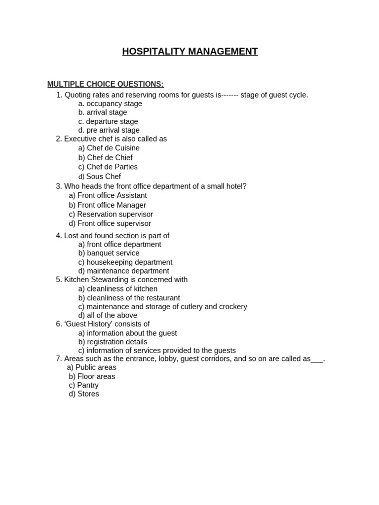 Hospitality Management MCQs & Answers | PDF | Housekeeping | Home