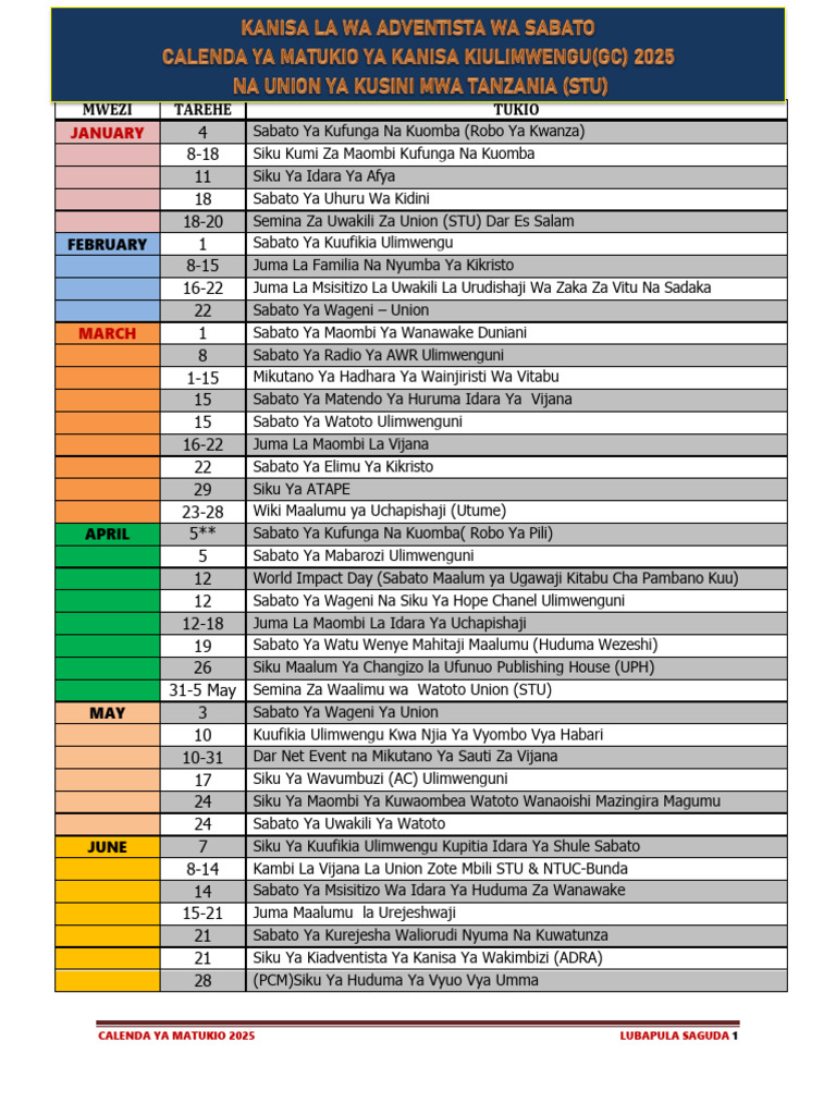 Calenda Ya Matukio Mwaka 2025 | PDF