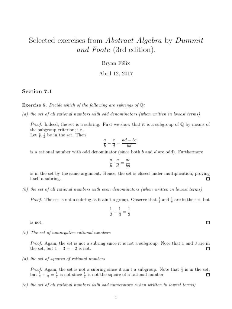 Subring Exercises in Abstract Algebra | PDF | Ring (Mathematics ...