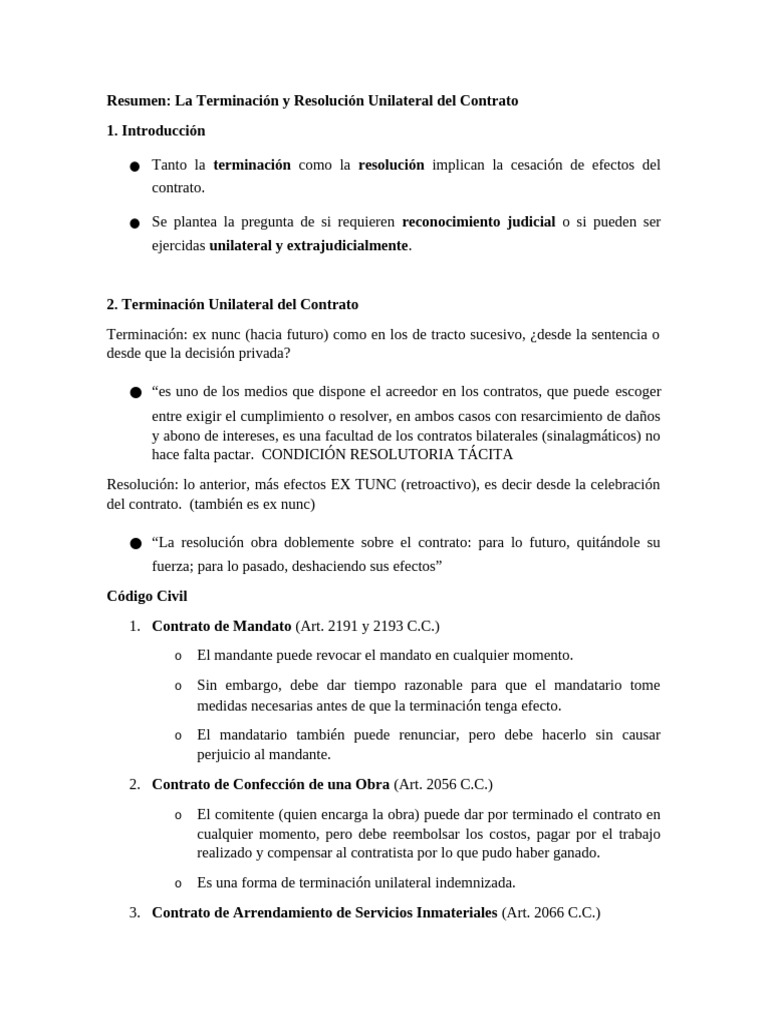 Resumen La Terminación y Resolución Unilateral Del Contrato | PDF ...