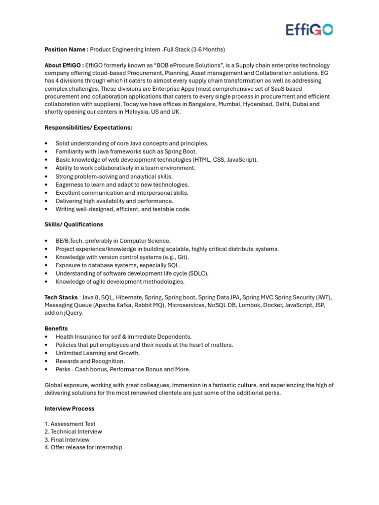 EffiGO Product Engineering Intern Role | PDF