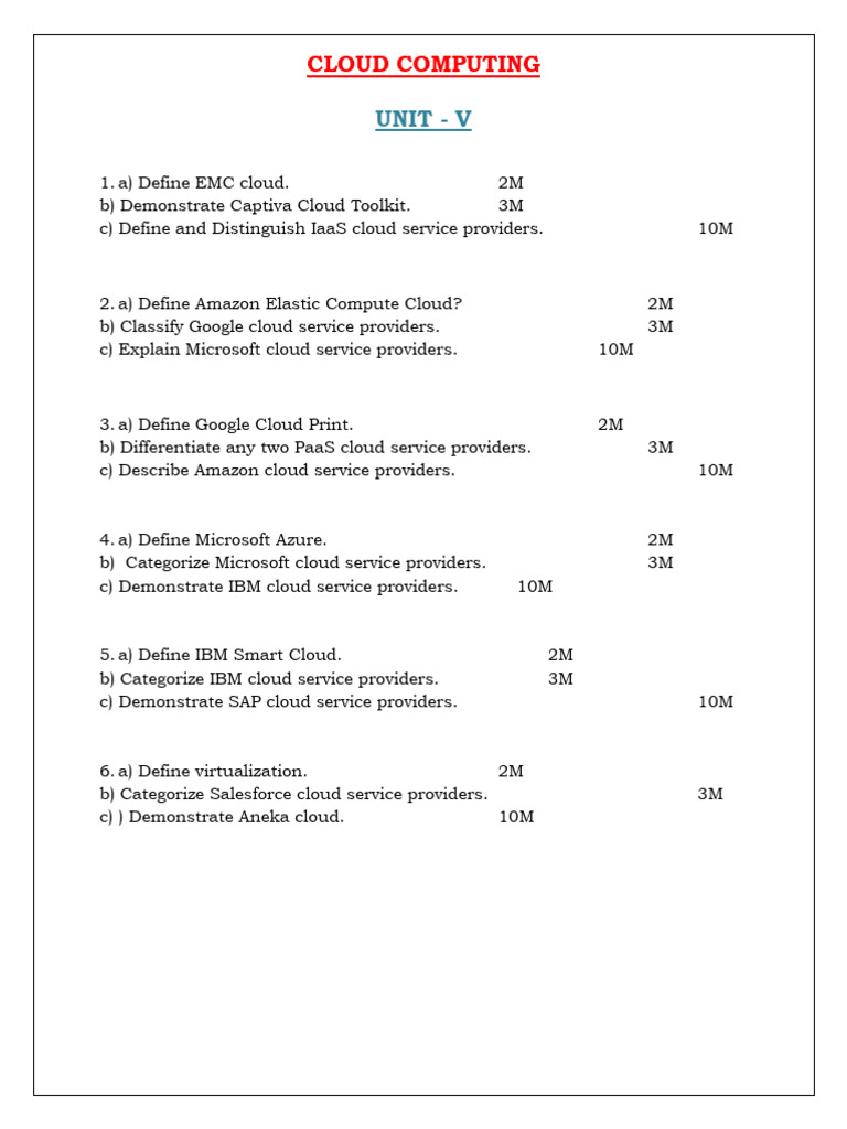 CC UNIT- 5 Question Bank Answers | PDF | Cloud Computing | Software As ...