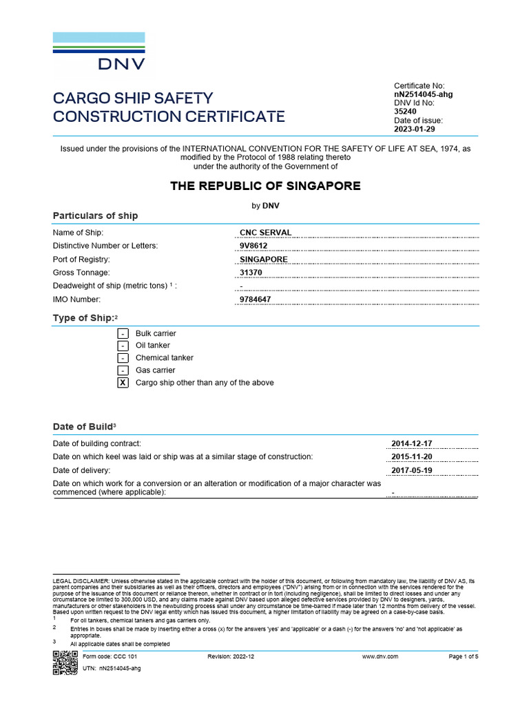 Cargo Ship Safety Construction Certificate | PDF | Ships | Oil Tanker