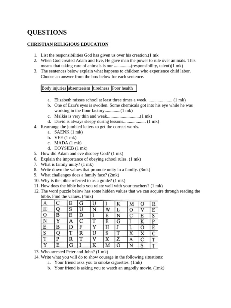 Christian Education Past Papers Answers | PDF