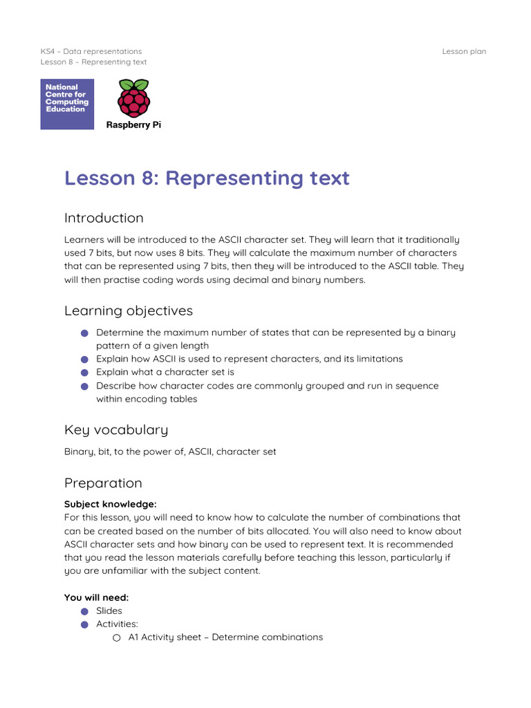 L8 Lesson plan - Data representation - KS4 | PDF | Character Encoding | Ascii