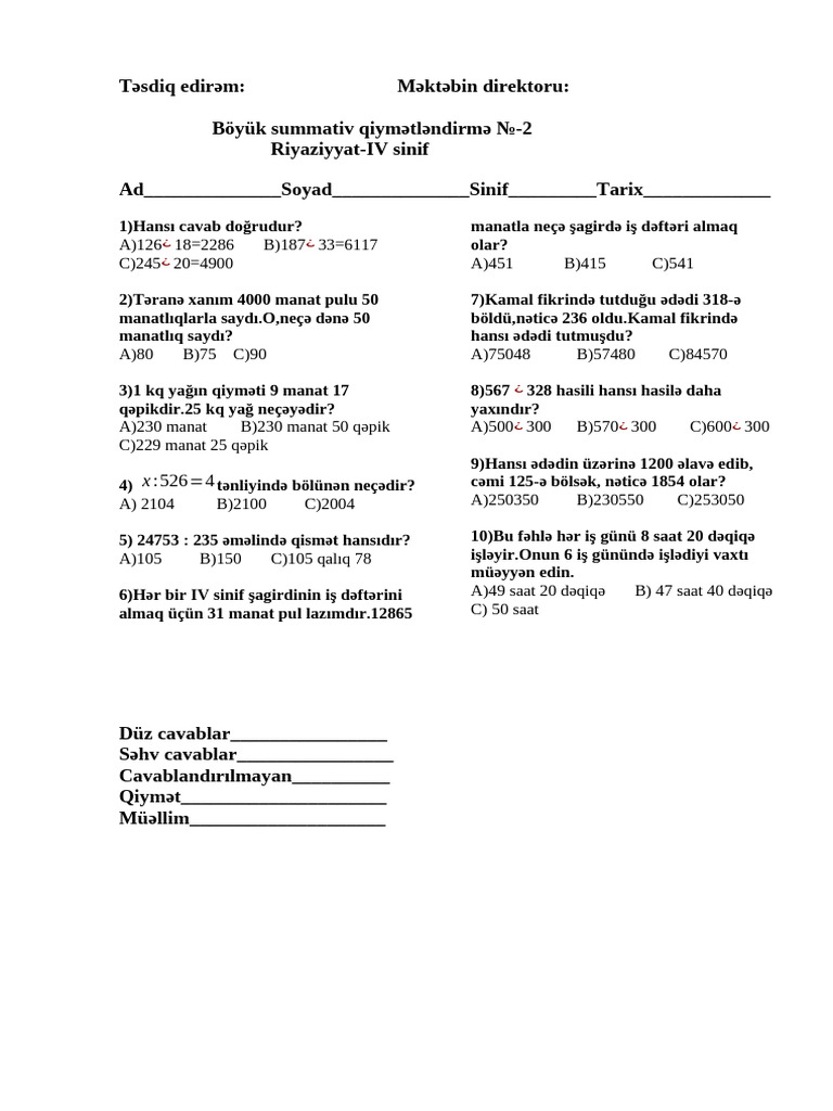 BSQ - 2 Riyaziyyat IV Sinif | PDF