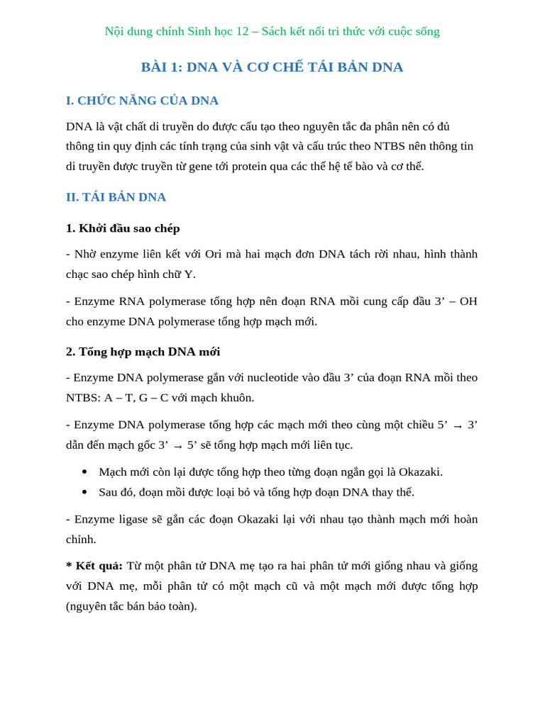 NDC Sinh 12 KNTT b1. Dna Va Co Che Tai Ban Dna | PDF
