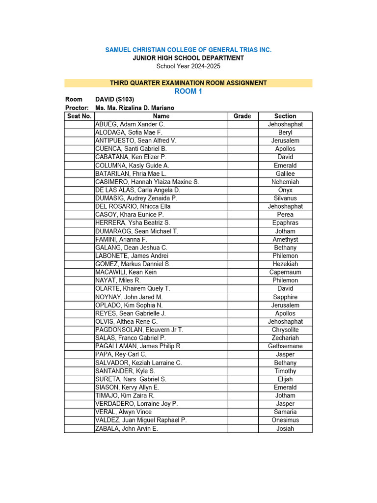JHS Room Assignment Third Quarter Exam SY 2024 2025 | PDF | Epistle To ...