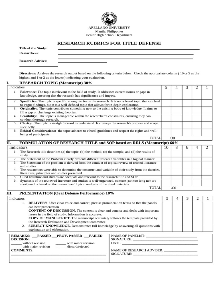 Form 5b Research Rubrics Title Defense 2 | PDF | Cognition | Methodology