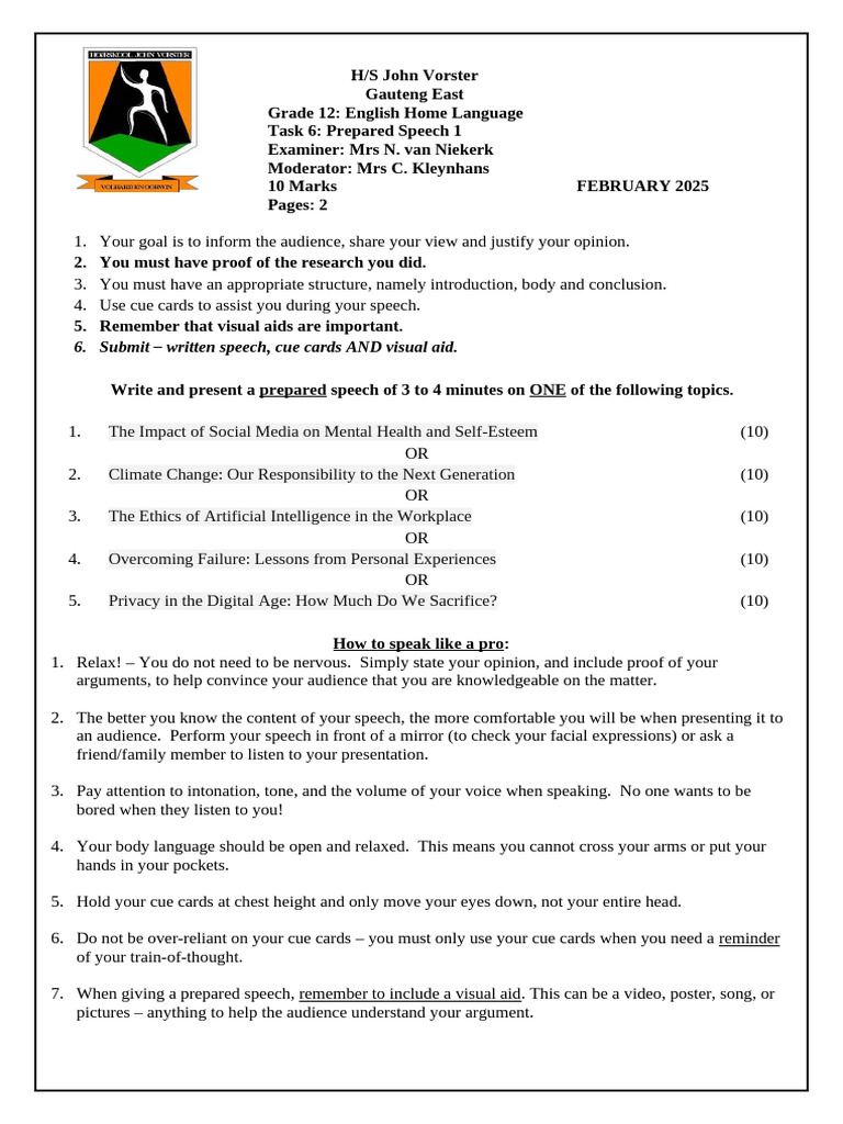 Grade 12 Prepared Speech Guidelines | PDF | Cognition | Human Communication