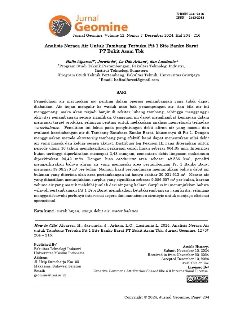 Analisis Neraca Air Untuk Tambang Terbuka Pit 1 Site Banko Barat PT ...