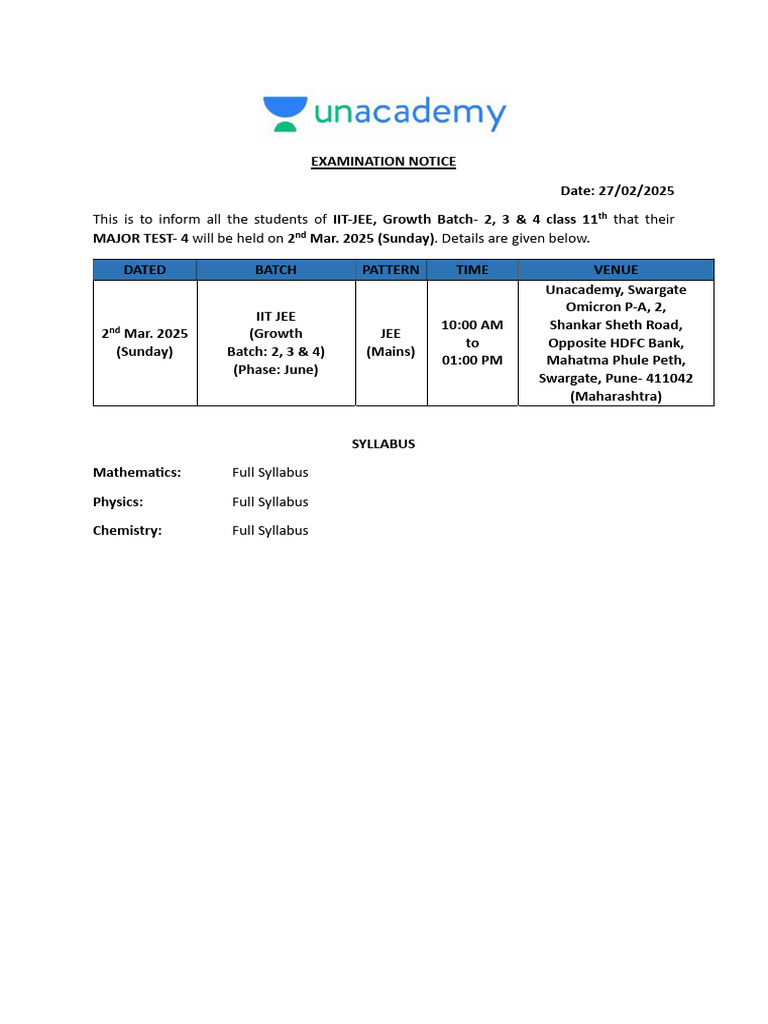 Examination Notice - Iit-Jee - Growth 2, 3 & 4-Major Test-4 | PDF