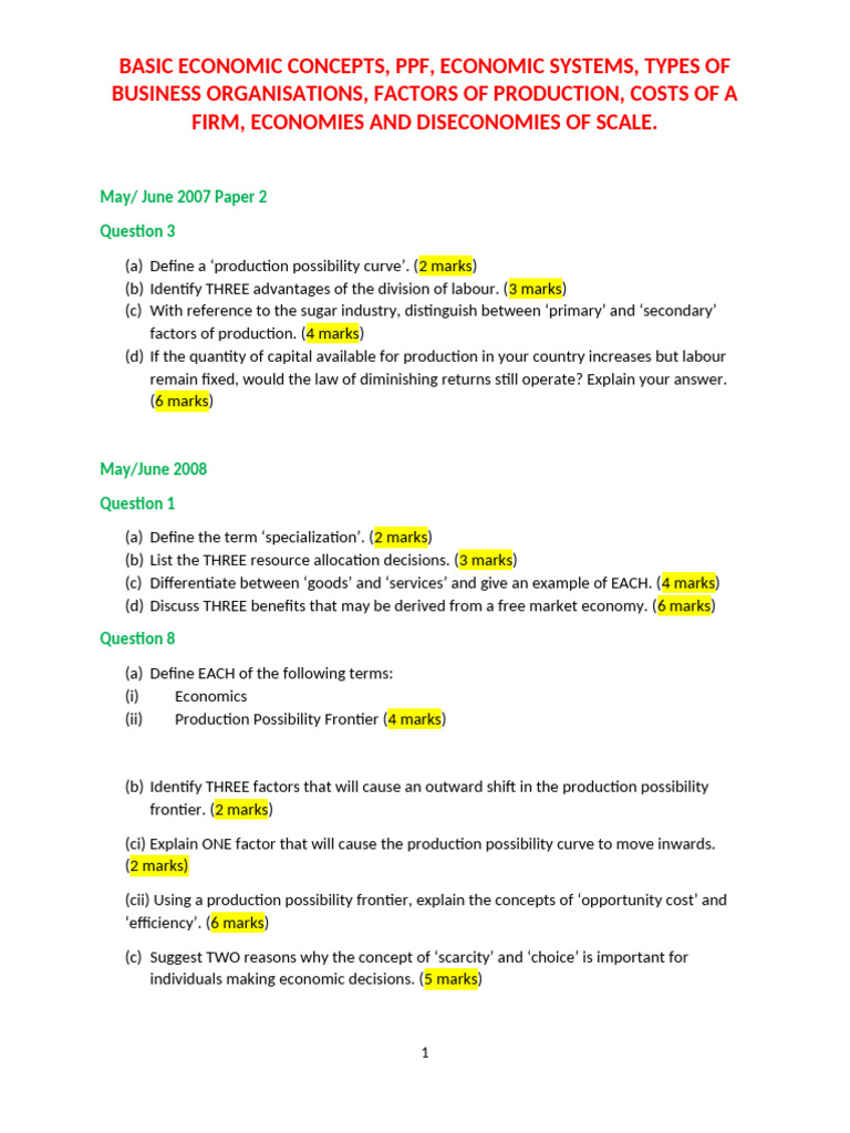 Basic Economic Concepts Past Paper Worksheet | PDF | Economies ...