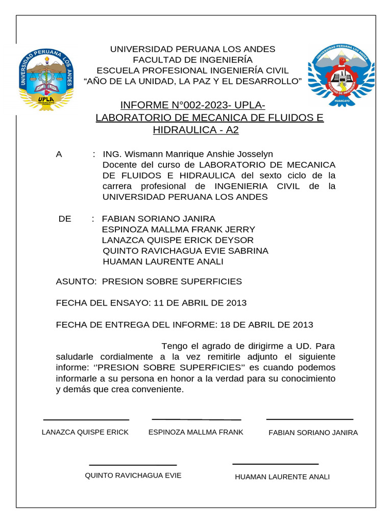 2 - Informe 002 Labotarorio Me Mec. de Fluidos e Hidraulica | PDF ...