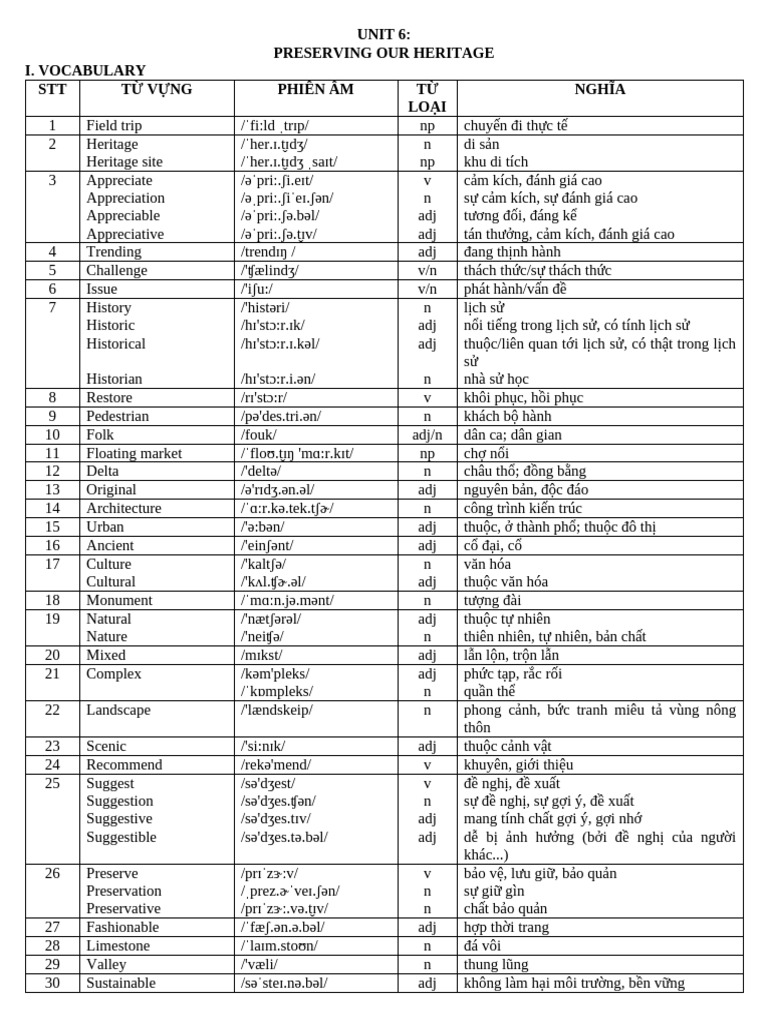 Unit 6: Preserving Our Heritage I. Vocabulary STT T V NG Phiên Âm T Lo I Nghĩa | PDF