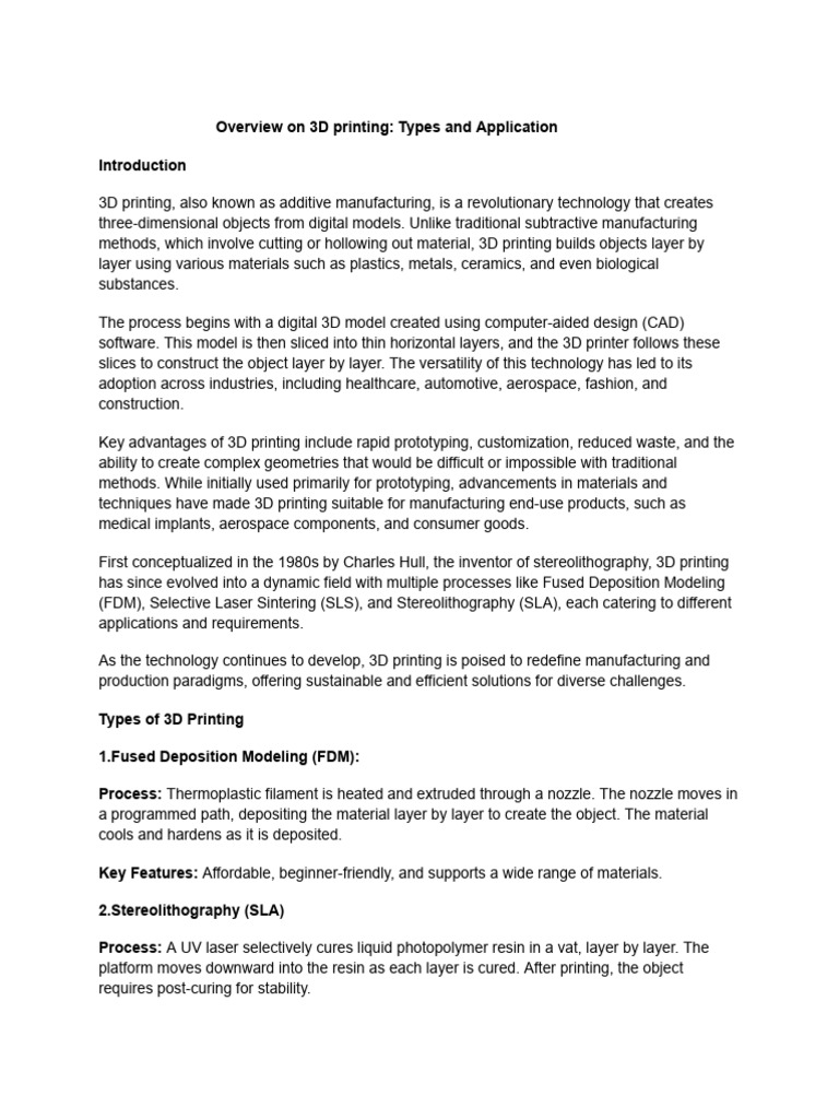 3D Printing: Types and Applications Explained | PDF | 3 D Printing ...