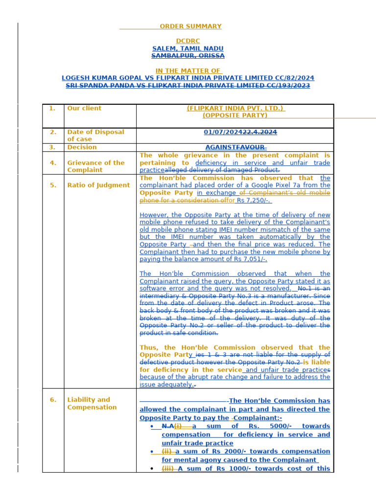 Order Summary Logesh Kumar Gopal VS Flipkart India Private Limited | PDF